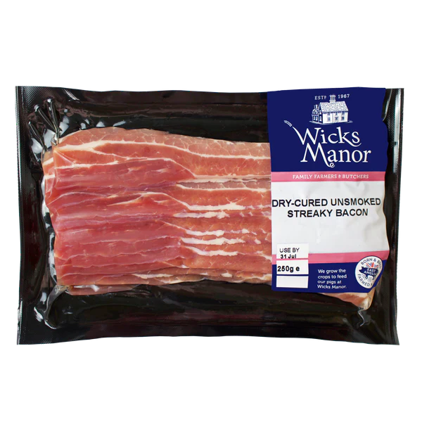 Wicks Manor Streaky Bacon Unsmoked 250g – Mersea Farm Shop & Country Stores